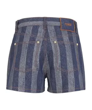 Fendi Logo Embroidered Striped Denim Shorts