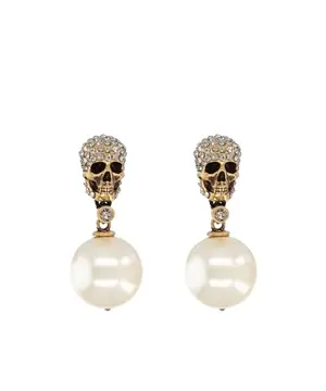 Alexander McQueen Skull Embellished Pearl Drop Earrings - Yellow