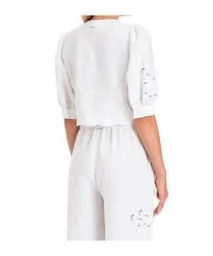 TWINSET Embroidered Linen Shirt With Puff Sleeves And Bow Details