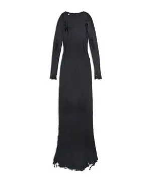 Balenciaga Long-sleeved Maxi Dress With Lace Neckline And Distressed Details