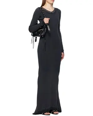 Balenciaga Long-sleeved Maxi Dress With Lace Neckline And Distressed Details
