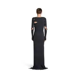 Balenciaga Long-sleeved Maxi Dress With Lace Neckline And Distressed Details