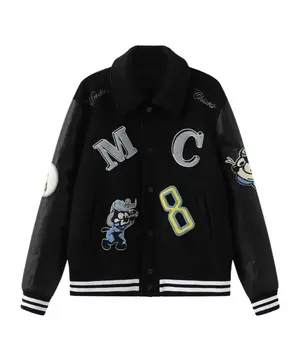 Marissa Chiara Long-sleeved Varsity Jacket With Cartoon Cat Embellishments - Black