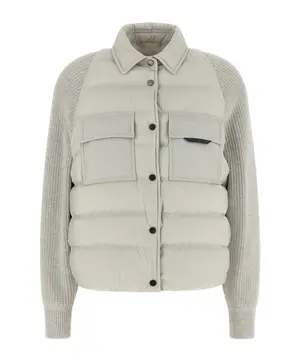Brunello Cucinelli Down Jacket With Shirt Collar And Snap Closure - Grey
