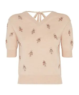 Fendi Short Sleeve V-neck Embellished Knit Top