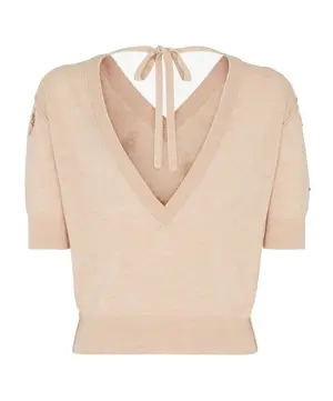 Fendi Short Sleeve V-neck Embellished Knit Top