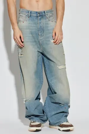 Amiri Distressed Bones Studded Baggy Jeans - Gray