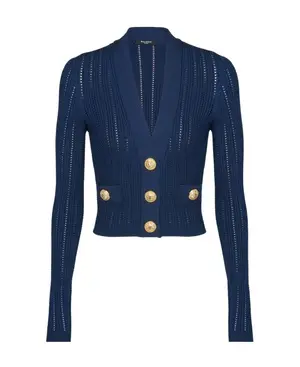 Balmain Cropped Knit Cardigan With Gold Lion Head Buttons - Blue