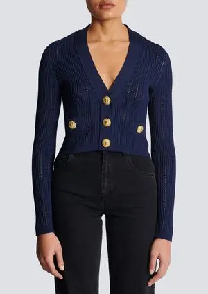Balmain Cropped Knit Cardigan With Gold Lion Head Buttons - Blue
