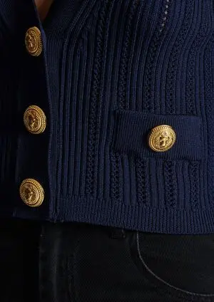Balmain Cropped Knit Cardigan With Gold Lion Head Buttons - Blue