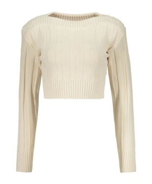 LOW CLASSIC Ribbed Cropped Long Sleeve Sweater - Nude