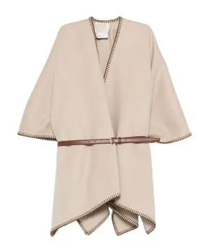 Max Mara Wool Poncho With Belt And Logo Embroidery