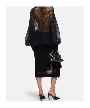 Attico Fringed Knitted Midi Skirt - Black