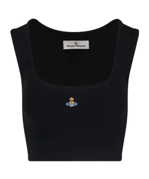 VIVIENNE WESTWOOD Orb Embroidered Ribbed Cropped Top - Black