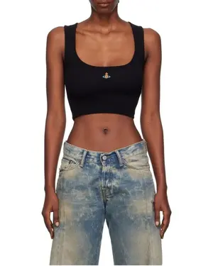 VIVIENNE WESTWOOD Orb Embroidered Ribbed Cropped Top - Black