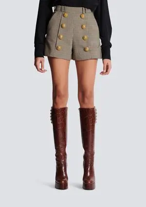 Balmain High-waisted Button-embellished Houndstooth Shorts