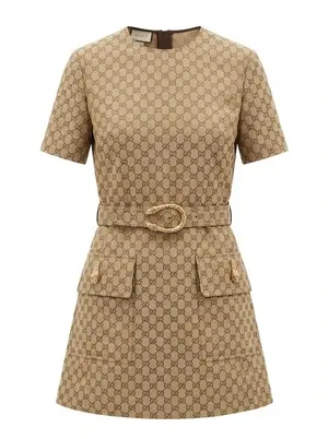 Gucci Gg Cotton Canvas Fabric Dress With Dionysus Buckle Belt