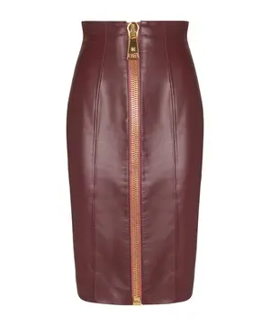 Balmain Leather Pencil Skirt With Zipper Detail - Brown