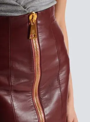 Balmain Leather Pencil Skirt With Zipper Detail - Brown