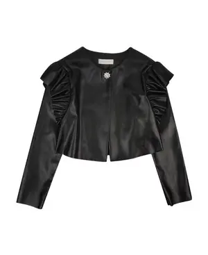 Monnalisa Leather Jacket With Embellished Closure And Ruffle Sleeves