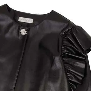Monnalisa Leather Jacket With Embellished Closure And Ruffle Sleeves
