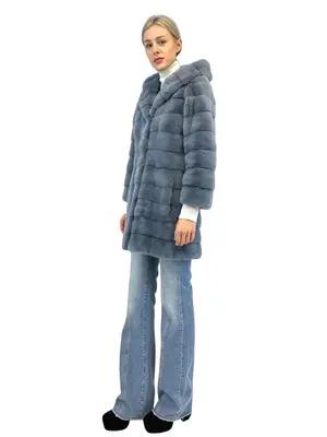 LISKA Hooded Fur Coat With Leather Stripes