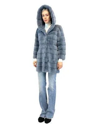 LISKA Hooded Fur Coat With Leather Stripes
