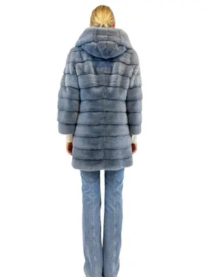 LISKA Hooded Fur Coat With Leather Stripes