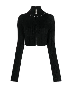 Alessandra Rich Zip-up Crystal Trim Ribbed Knit Cardigan