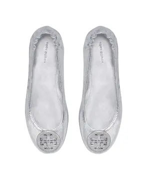 Tory Burch Pleated Metallic Leather Ballet Flats With Logo Applique