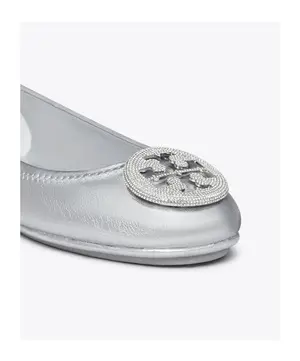 Tory Burch Pleated Metallic Leather Ballet Flats With Logo Applique