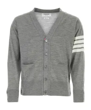 Thom Browne 4-bar V-neck Knitted Cardigan - Light Grey