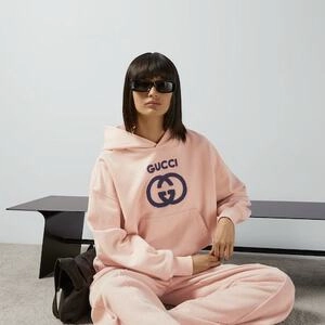 Gucci Logo Embroidered Jersey Hoodie - Pink