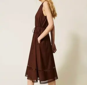 TWINSET Poplin Long Dress With V-neck And Belted Waist - Brown