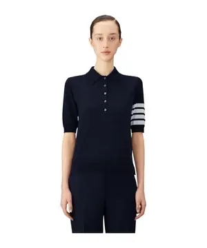 Thom Browne 4-bar Button Detail Short Sleeve Polo - Blue
