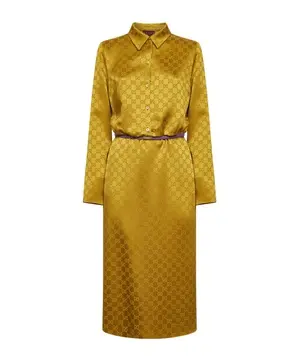 Gucci Gg Jacquard Long Sleeve Dress With Belt - Brown
