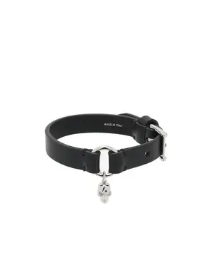 Alexander McQueen Skull Charm Leather Bracelet - Black