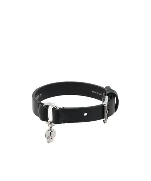 Alexander McQueen Skull Charm Leather Bracelet - Black