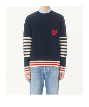 Valentino Garavani Striped Crewneck Jumper With Embroidered Detail - Navy/burro