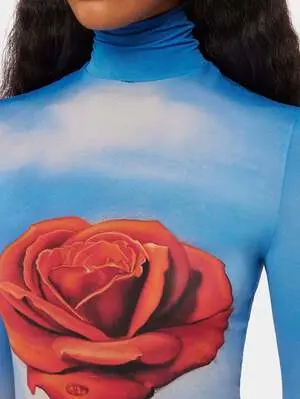 Rabanne Rose Print High Neck Long Sleeve Top