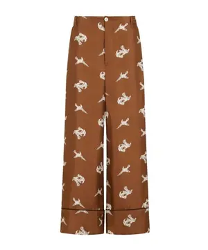 Marni Marni Brown Silk Twill Trousers With Raven Print Chestnut