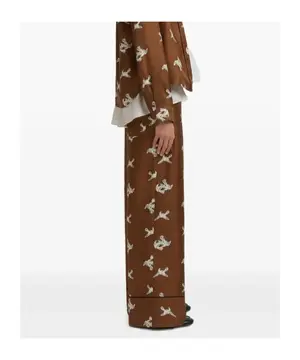 Marni Brown Silk Twill Trousers With Raven Print