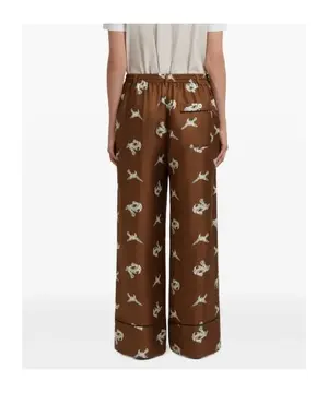 Marni Brown Silk Twill Trousers With Raven Print