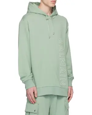 Balmain Logo Embossed Drawstring Hoodie - Green