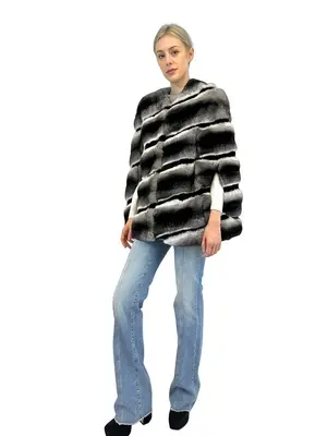 LISKA Round Collar Fur Jacket With Stripe Detail