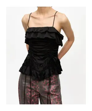 GANNI Satin Ruched Ruffle Top
