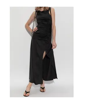 GANNI Satin Gathered Maxi Dress With Asymmetrical Slit - Black