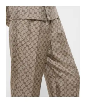 Gucci Printed Silk Twill Full Length Trousers - Beige