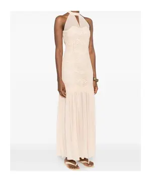 TWINSET Lace Pleated Halterneck Maxi Dress - Nude