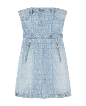 Versace Strapless Denim Mini Dress With Logo Print - Multicolor